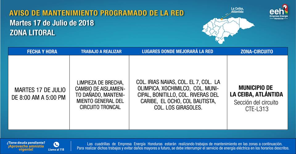 MARTES: EEH y ENEE harán cortes de energía en varios sectores de Honduras MARTES: EEH y ENEE harán cortes de energía en varios sectores de Honduras