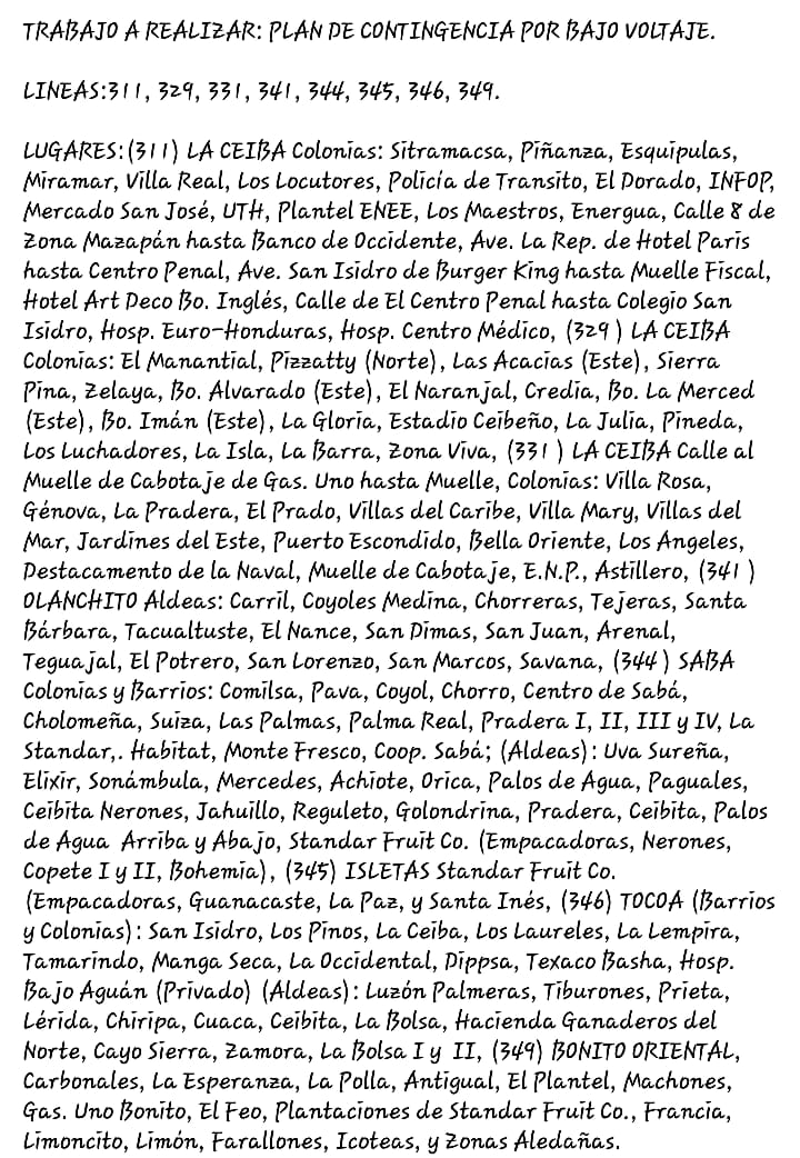 MARTES: EEH y ENEE harán cortes de energía en varios sectores de Honduras MARTES: EEH y ENEE harán cortes de energía en varios sectores de Honduras