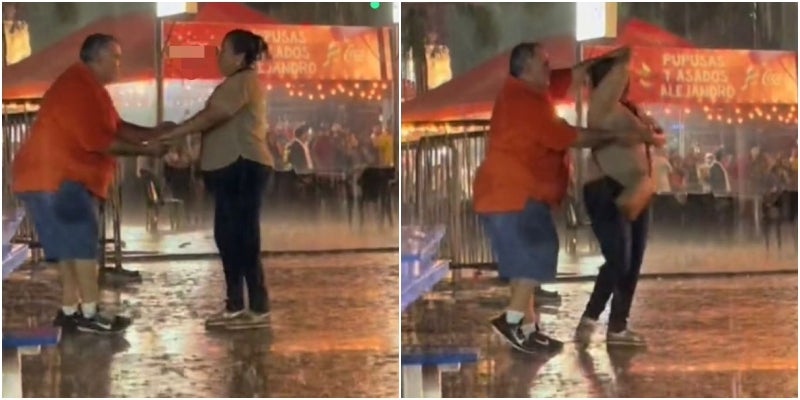 Pareja baila alegremente bajo la lluvia en Feria Juniana de SPS