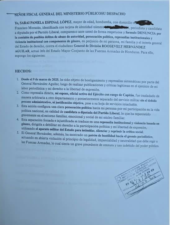 Saraí Espinal denuncia a Roosevelt Hernández por persecución y abuso de poder